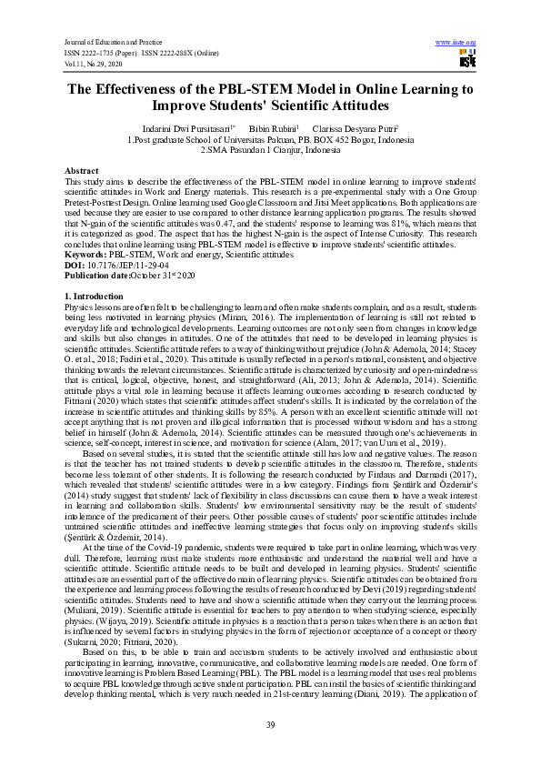 (PDF) The Effectiveness of the PBL-STEM Model in Online Learning to ...