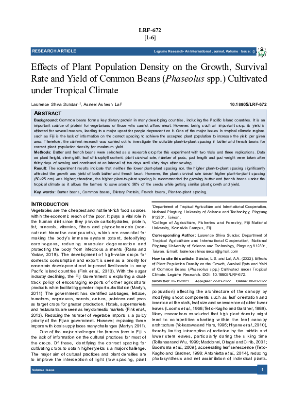 (PDF) Effects of Plant Population Density on the Growth, Survival Rate ...