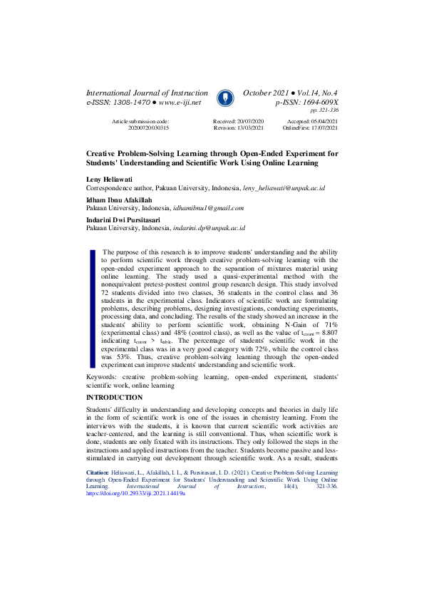 (PDF) Creative Problem-Solving Learning through Open-Ended Experiment ...