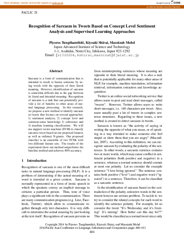 Pdf Recognition Of Sarcasm In Tweets Based On Concept Level Sentiment