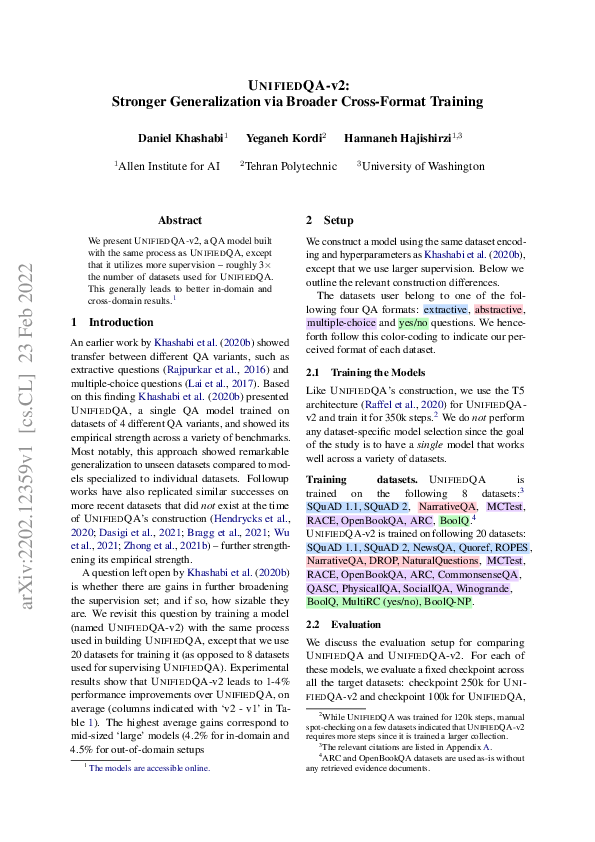 (PDF) UnifiedQA-v2: Stronger Generalization via Broader Cross-Format Training | yeganeh kordi ...