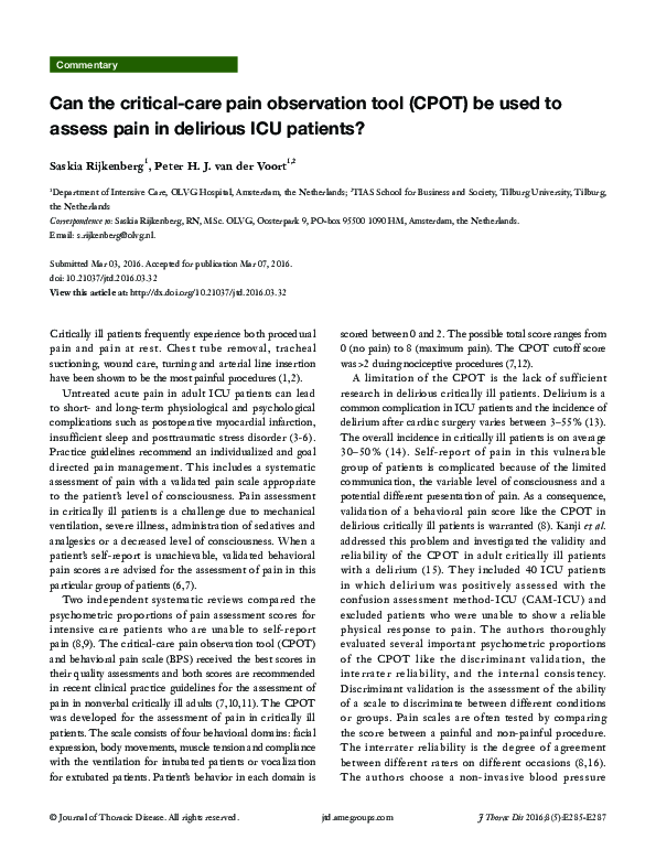 (PDF) Can the critical-care pain observation tool (CPOT) be used to ...