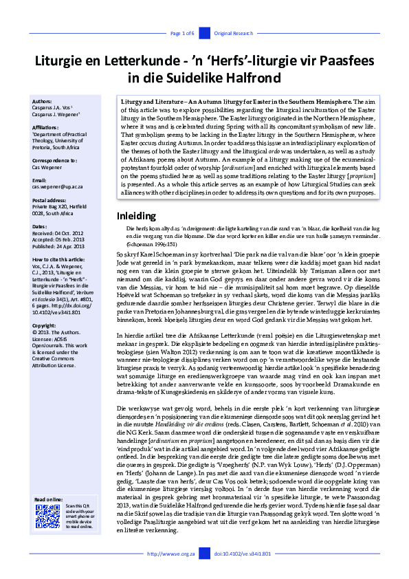 (PDF) Liturgie en Letterkunde - n Herfs-liturgie vir Paasfees in die ...