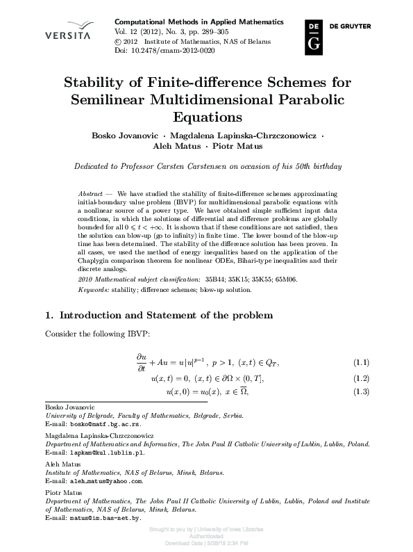 (PDF) Stability of Finite-difference Schemes for Semilinear Multidimensional Parabolic Equations