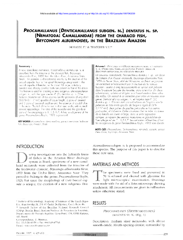 (PDF) Procamallanus(Denticamallanussubgen. n.)dentatusn. sp. (Nematoda ...