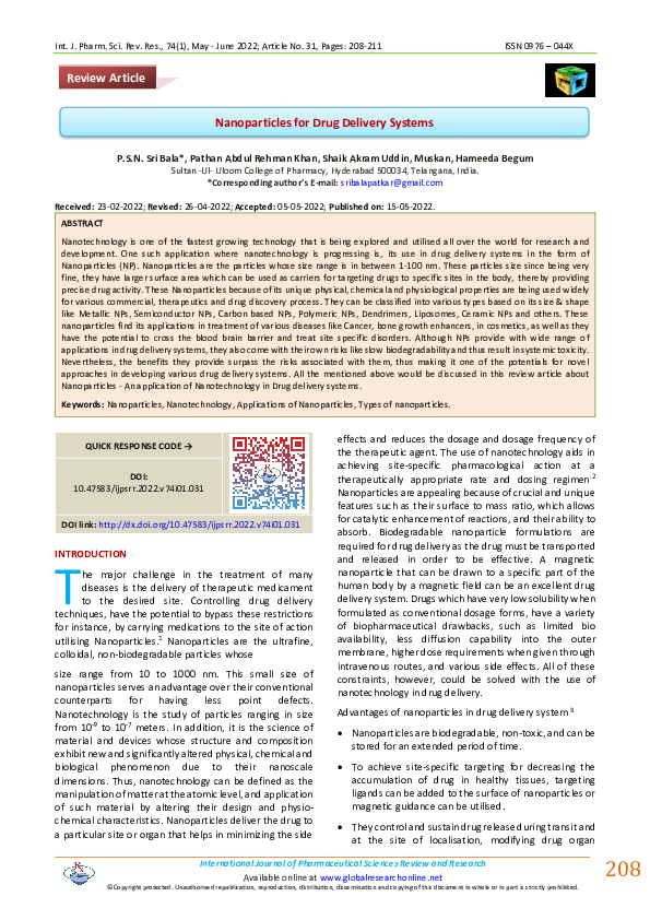 (PDF) Nanoparticles for Drug delivery systems