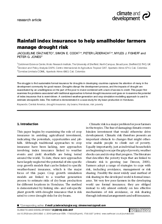 (PDF) Rainfall index insurance to help smallholder farmers manage ...
