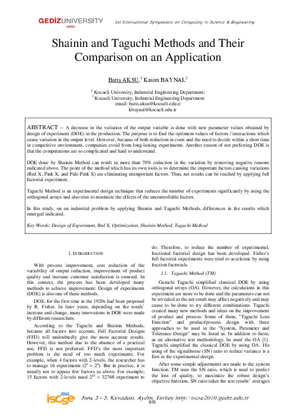 (PDF) Shainin and Taguchi Methods and Their Comparison on an Application