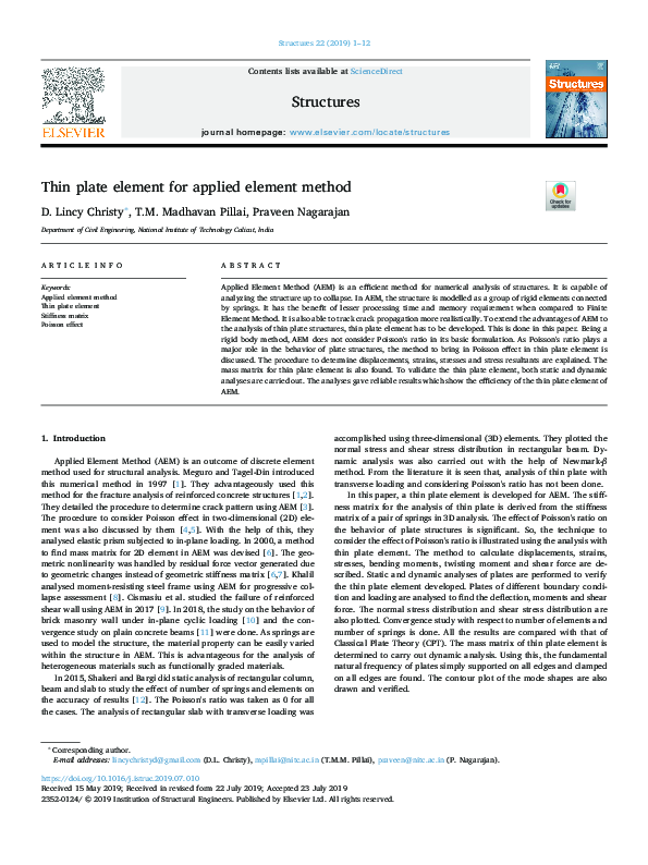(PDF) Thin plate element for applied element method