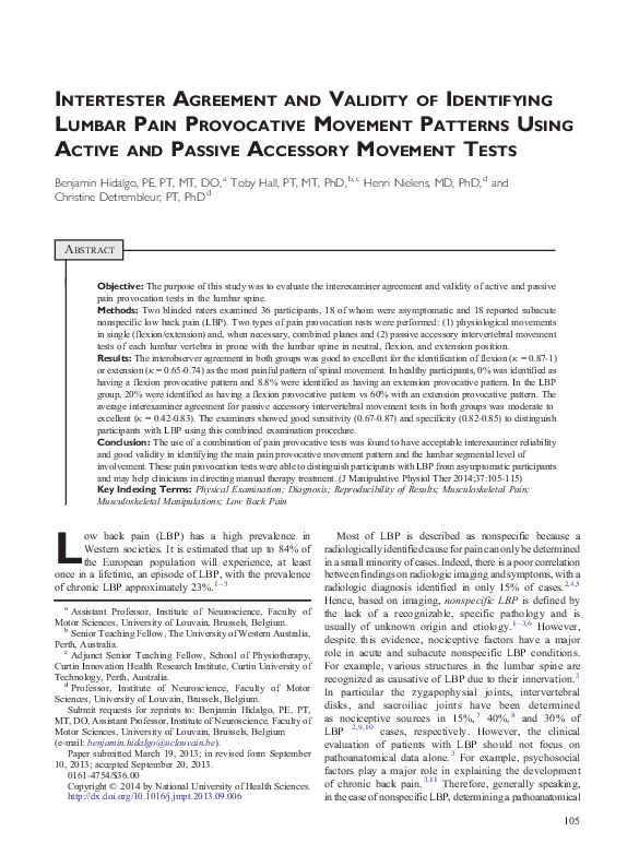 (PDF) Intertester Agreement and Validity of Identifying Lumbar Pain ...
