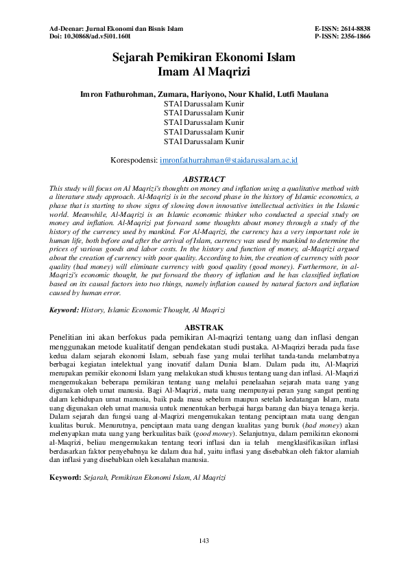 (PDF) Sejarah Pemikiran Ekonomi Islam Imam Al Maqrizi