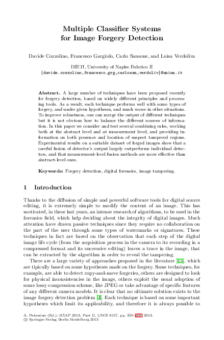 (PDF) Multiple Classifier Systems for Image Forgery Detection