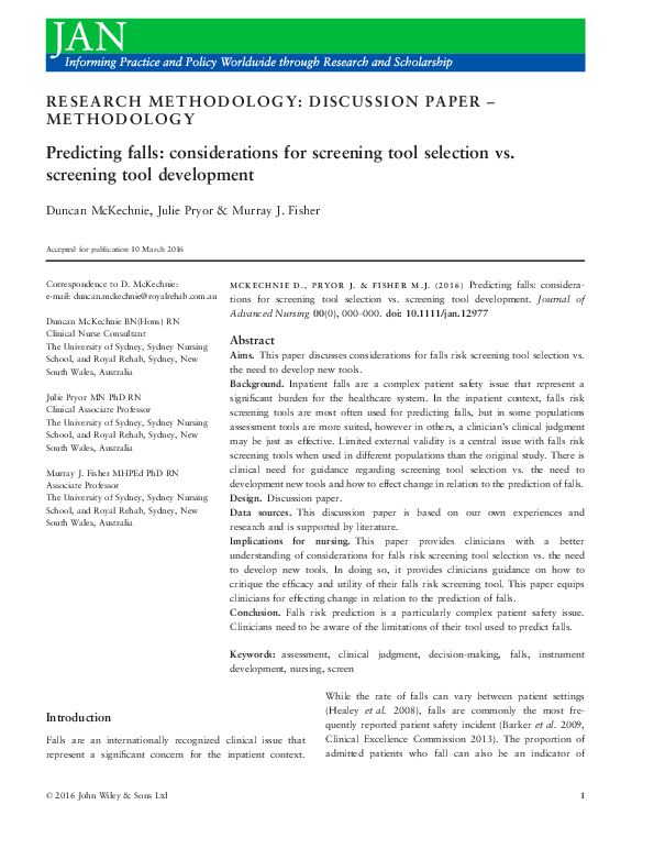 Pdf Predicting Falls Considerations For Screening Tool Selection Vs Screening Tool Development