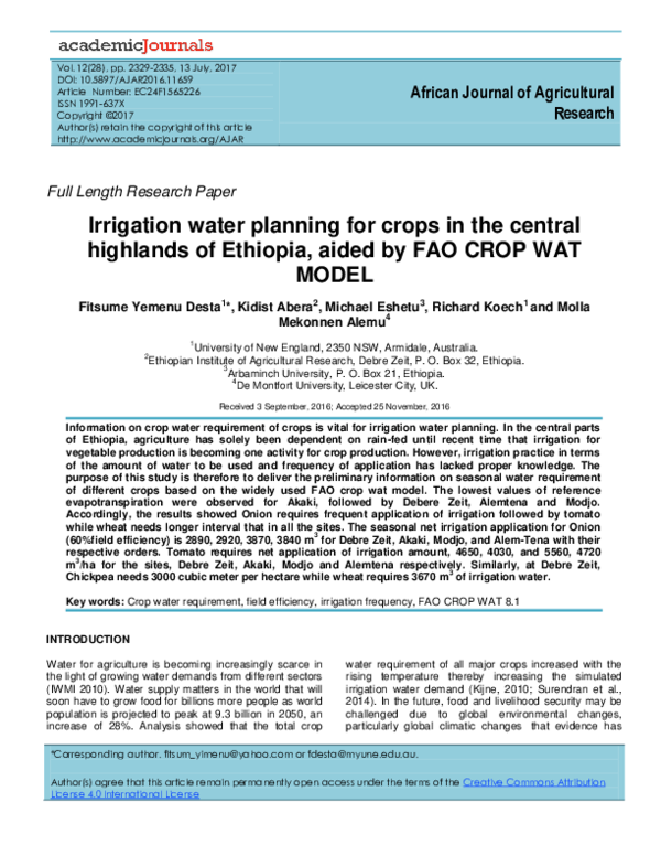 (PDF) Irrigation water planning for crops in the central highlands of ...