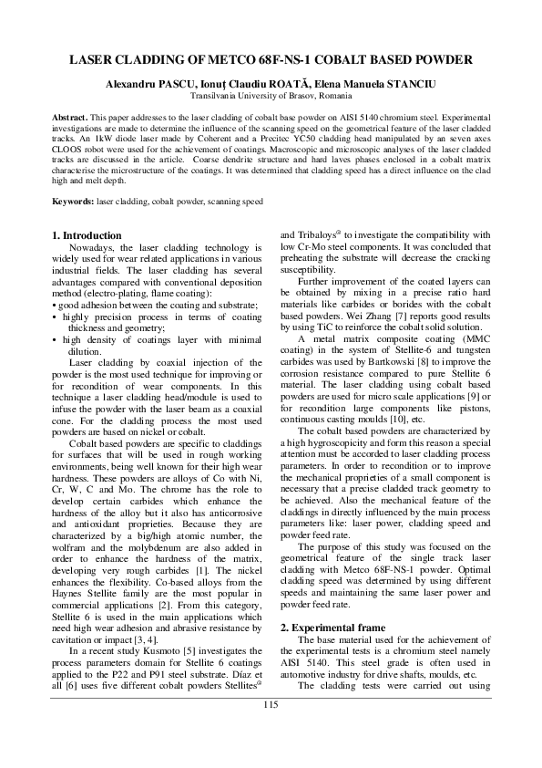 (PDF) Laser Cladding of Metco 68 F-NS1 Cobalt Based Powder
