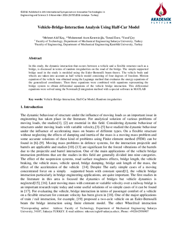 (PDF) Vehicle-Bridge- Interaction Analysis Using Half-Car Model