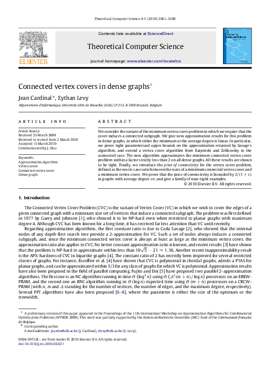 (PDF) Connected vertex covers in dense graphs (Theoretical Computer ...