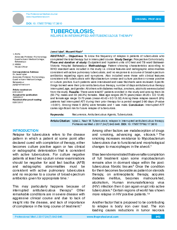 (PDF) Tuberculosis; Relapse in Interrupted Antituberculous Therapy ...