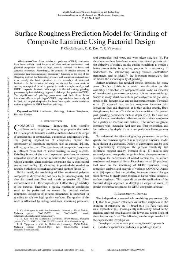 (PDF) Surface Roughness Prediction Model For Grinding Of Composite Laminate Using Factorial Design