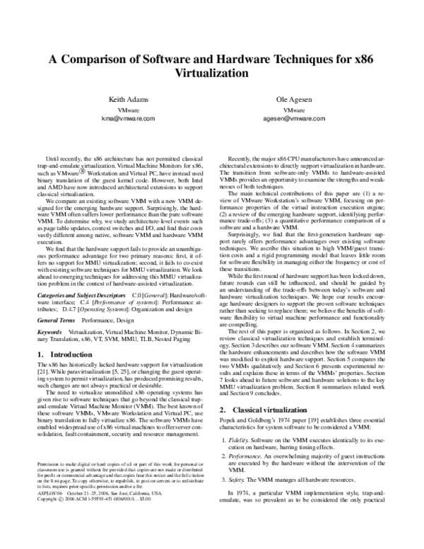 (PDF) A comparison of software and hardware techniques for x86 virtualization