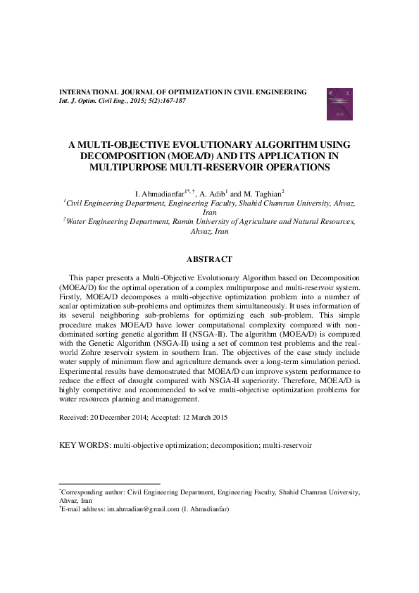 (PDF) A Multi-Objective Evolutionary Algorithm Using Decomposition (Moea/D) and Its Application ...