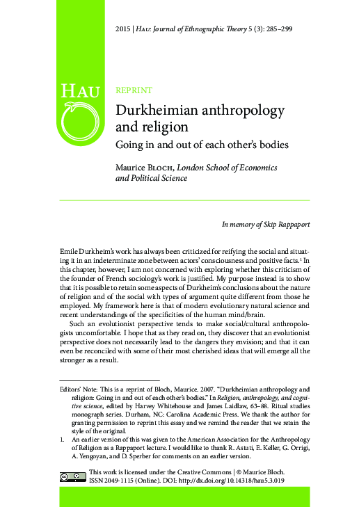 Durkheimian anthropology and religion: Going in and out of each other’s ...