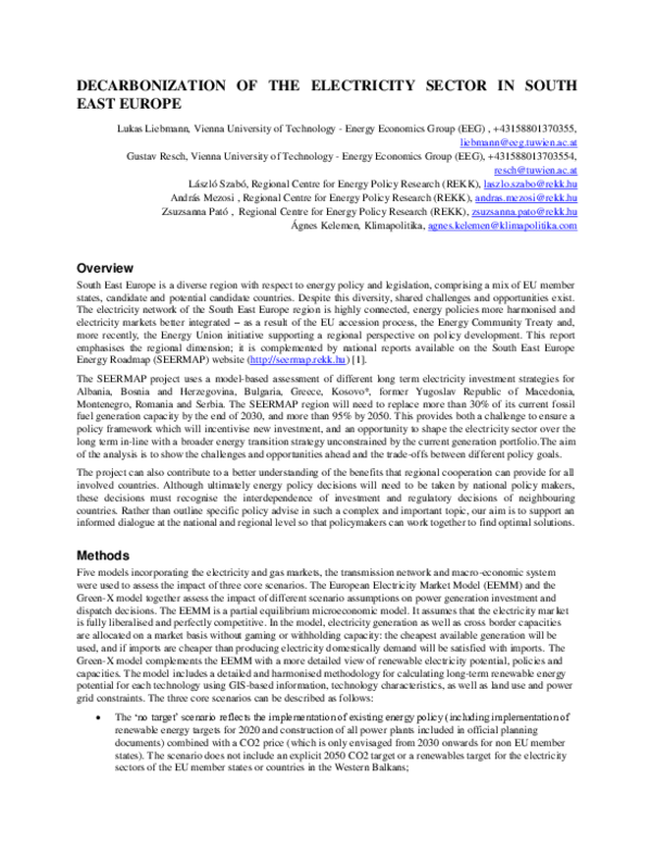 (PDF) Decarbonization of the electricity sector in South East Europe