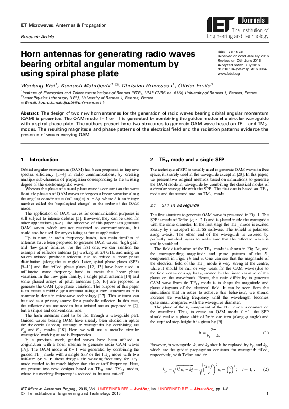 (PDF) Horn antennas for generating radio waves bearing orbital angular momentum by using spiral ...