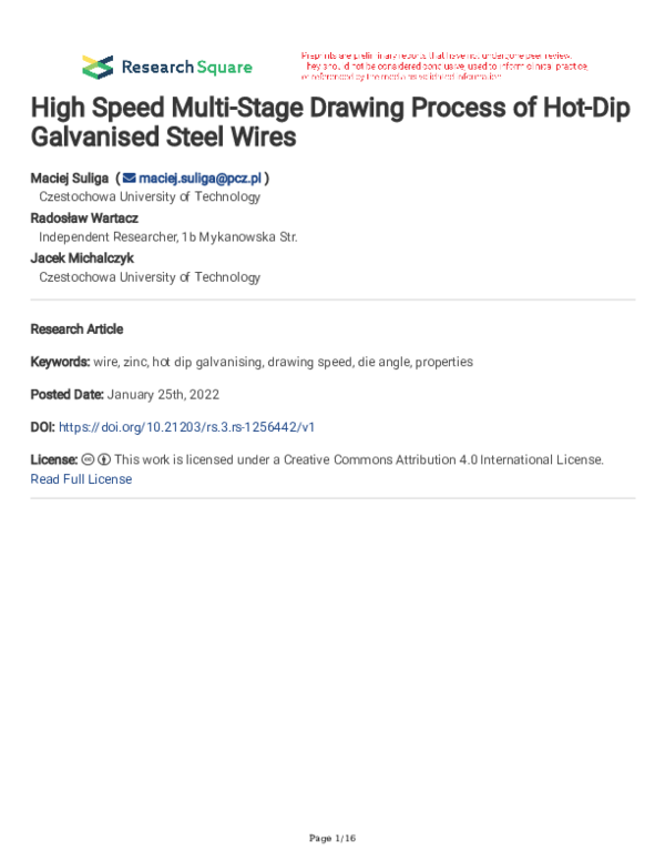(PDF) High Speed Multi-Stage Drawing Process of Hot-Dip Galvanised ...