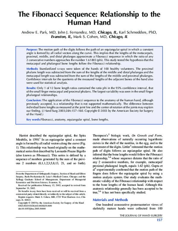 (PDF) The Fibonacci sequence: relationship to the human hand