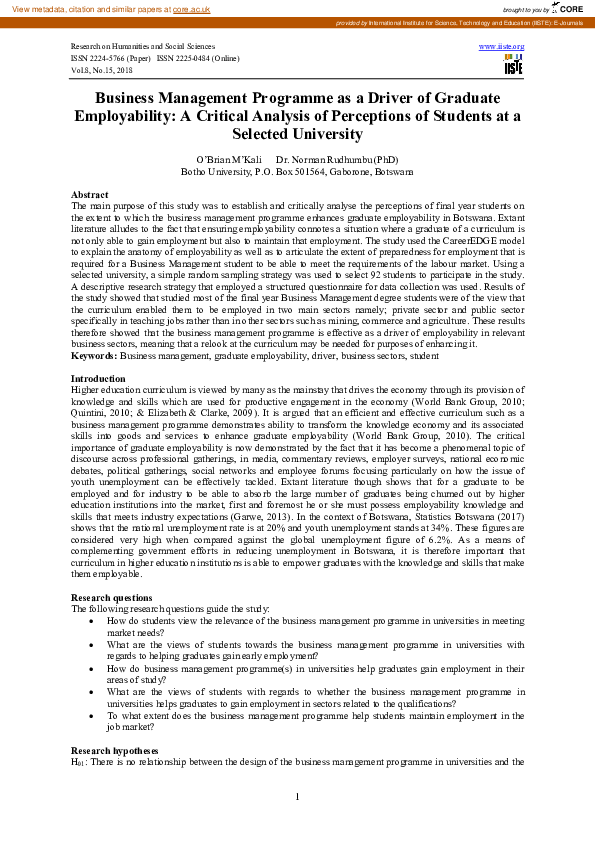 (PDF) Business Management Programme as a Driver of Graduate ...