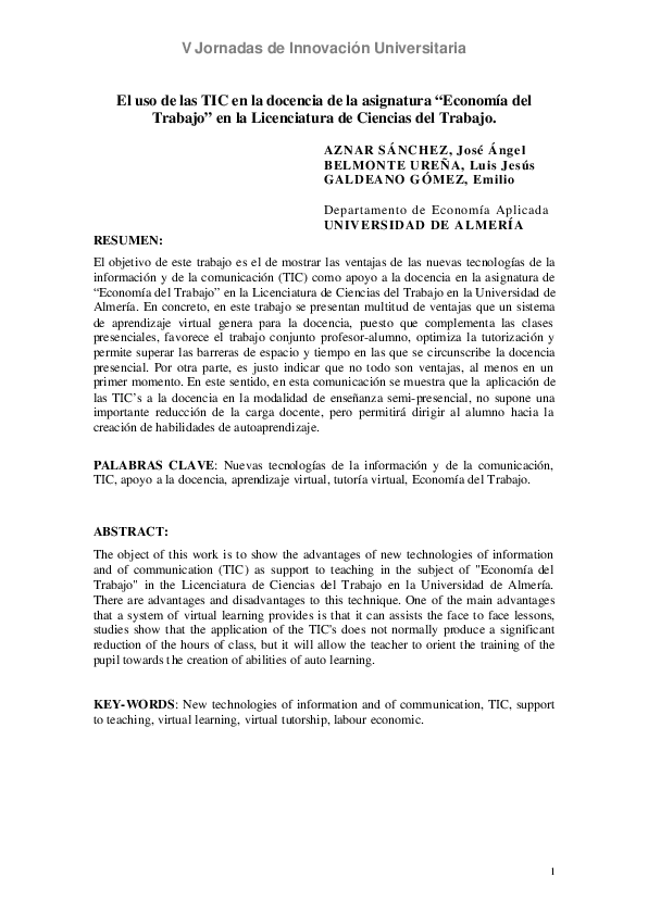 (PDF) El uso de las TIC en la docencia de la asignatura “Economía del trabajo” en la ...