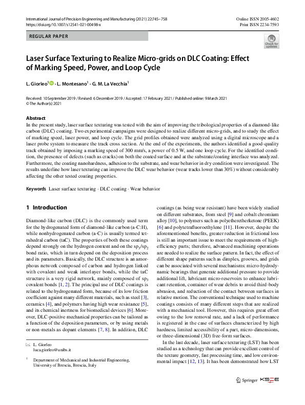 (PDF) Laser Surface Texturing to Realize Micro-grids on DLC Coating: Effect of Marking Speed ...