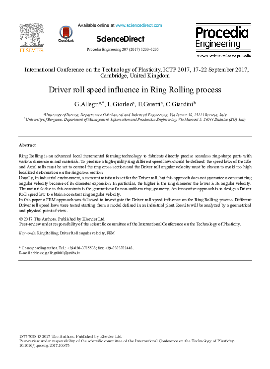 (PDF) Driver roll speed influence in Ring Rolling process