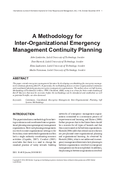 (PDF) A Methodology for Inter-Organizational Emergency Management Continuity Planning