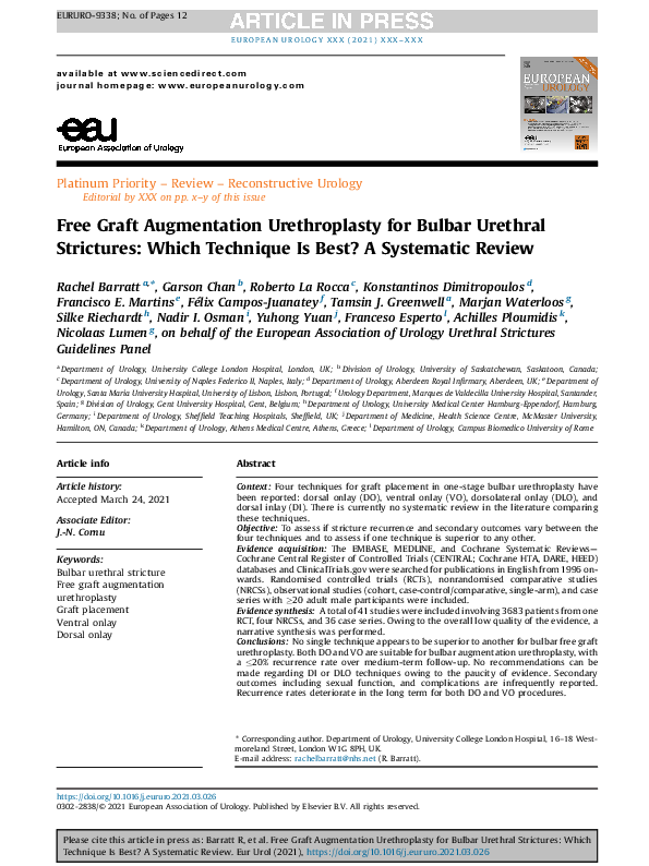 (PDF) Free Graft Augmentation Urethroplasty for Bulbar Urethral ...