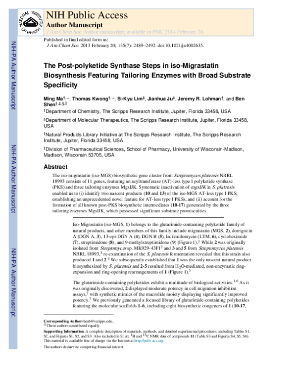 (PDF) Post-Polyketide Synthase Steps in Iso-migrastatin Biosynthesis ...