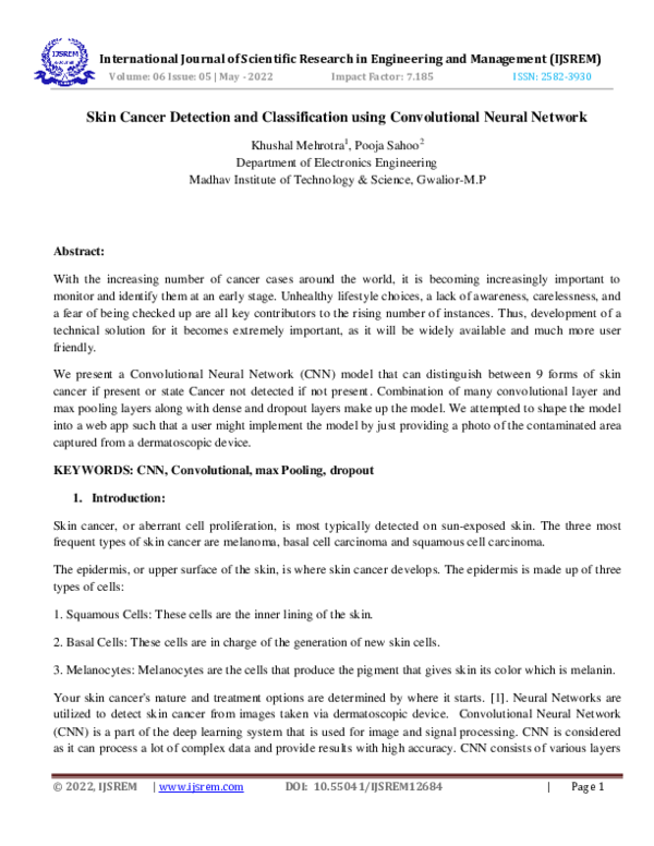 (PDF) Skin Cancer Detection and Classification using Convolutional ...