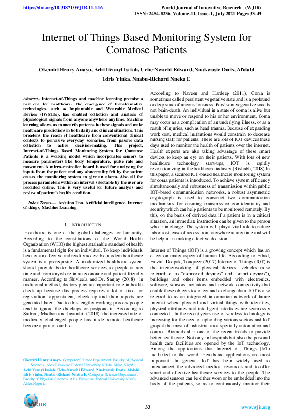 (PDF) Internet of Things Based Monitoring System for Comatose Patients
