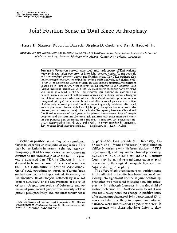 (PDF) Joint position sense in total knee arthroplasty