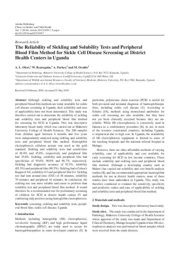 (PDF) The Reliability of Sickling and Solubility Tests and Peripheral ...