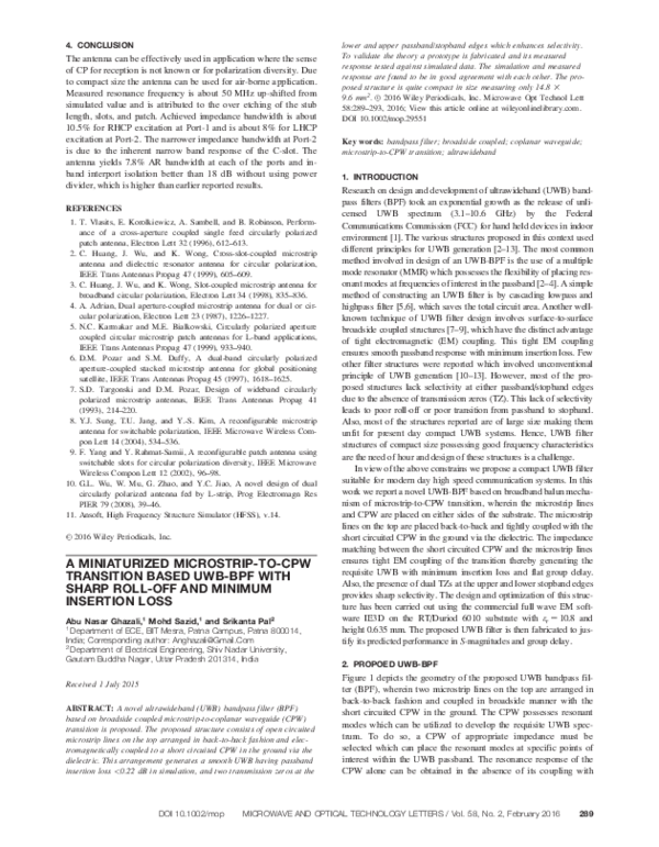 Pdf A Miniaturized Microstrip To Cpw Transition Based Uwb Bpf With Sharp Roll Off And Minimum