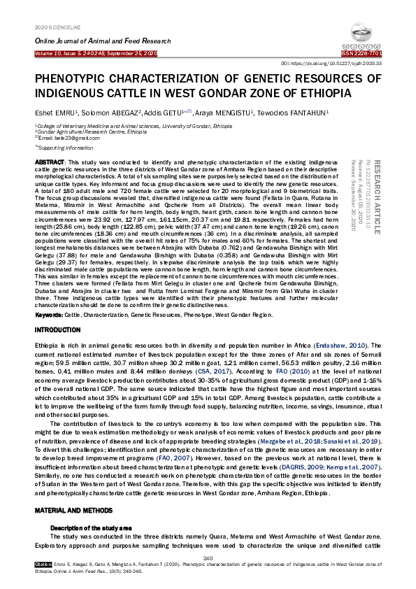 (PDF) Phenotypic characterization of genetic resources of indigenous cattle in West Gondar zone ...