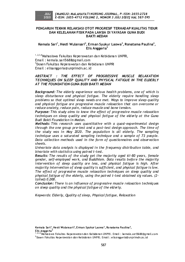 (PDF) Pengaruh Teknik Relaksasi Otot Progresif Terhadap Kualitas Tidur Dan Kelelahan Fisik Pada ...