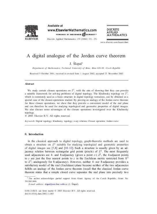 (PDF) A digital analogue of the Jordan curve theorem