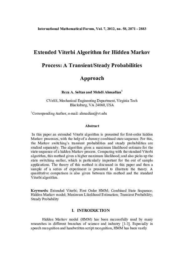 (PDF) Extended Viterbi Algorithm for Hidden Markov Process: A Transient/Steady Probabilities ...