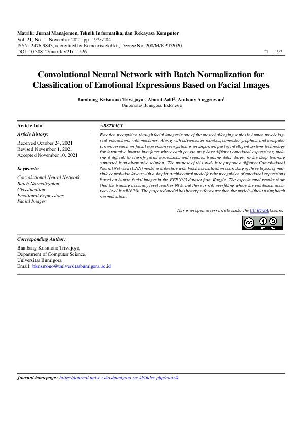 (PDF) Convolutional Neural Network With Batch Normalization for Classification of Emotional ...