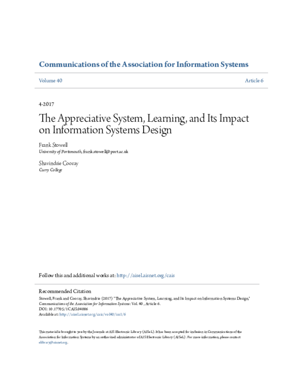 (PDF) The Appreciative System, Learning And Its Impact Upon Is Design