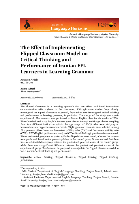 (PDF) The Effect of Implementing Flipped Classroom Model on Critical Thinking and Performance of ...