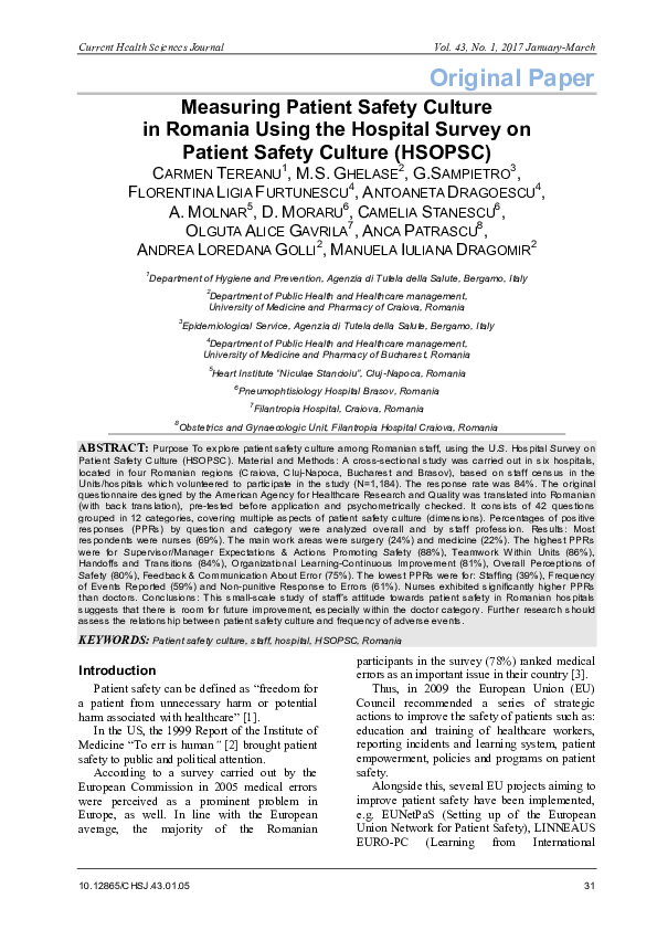 (PDF) Measuring Patient Safety Culture in Romania Using the Hospital ...